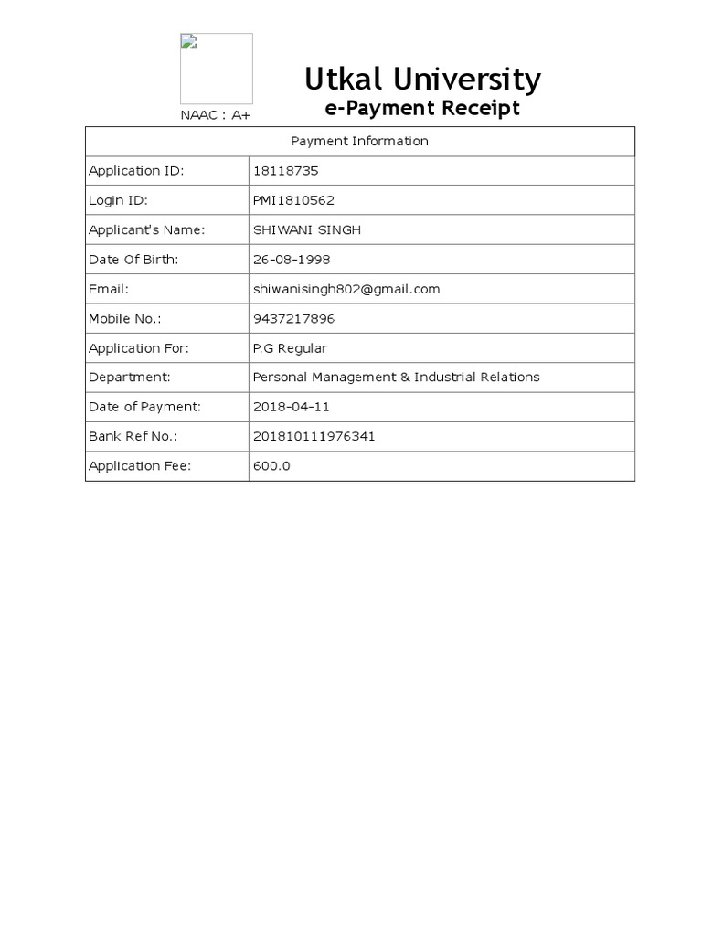 Utkal University: E-Payment Receipt | PDF