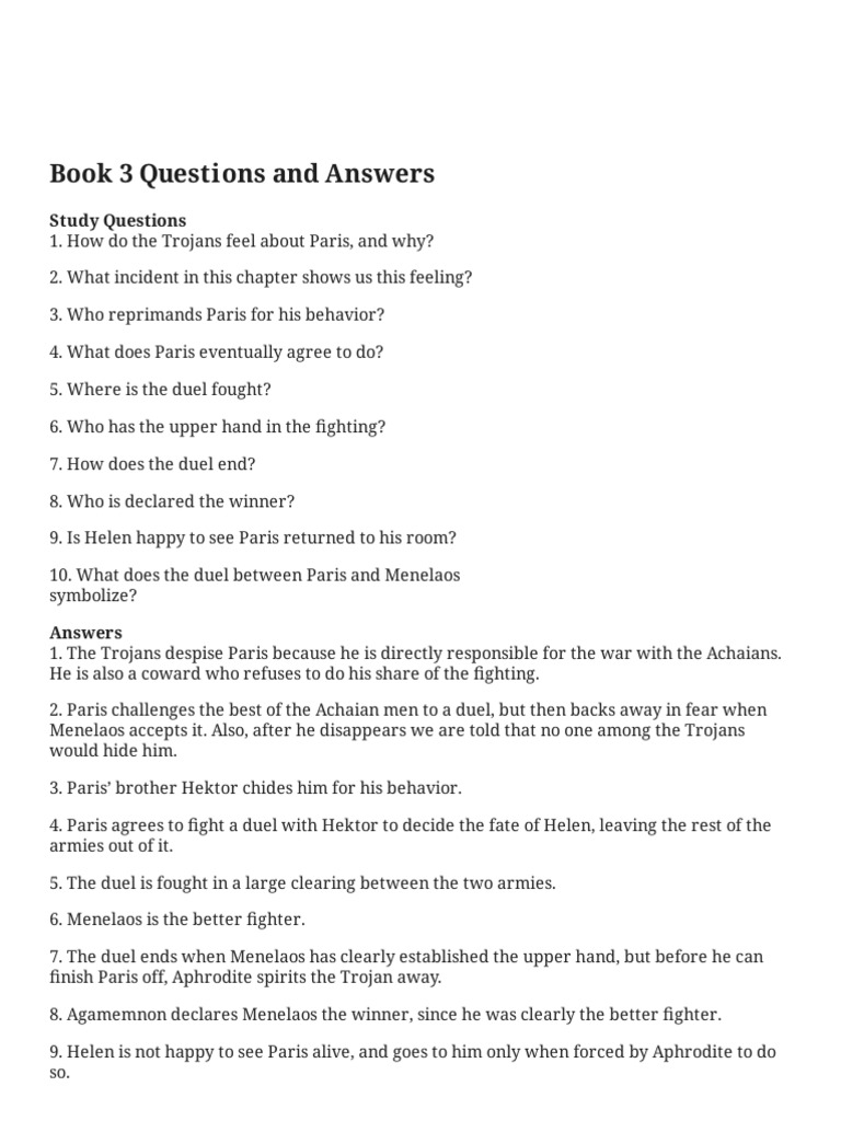 Iliad Book 3 Questions and Answers | PDF | General Fiction