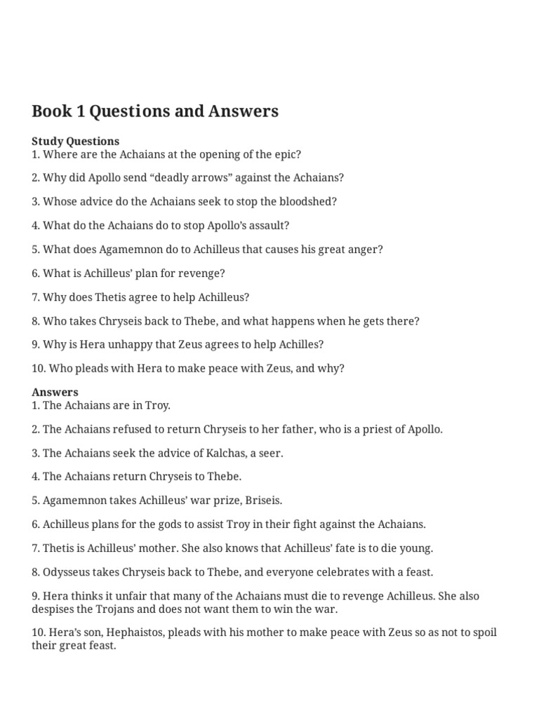Iliad Book 1 Q&A for Students | PDF | Achilles | 2nd Millennium Bc ...