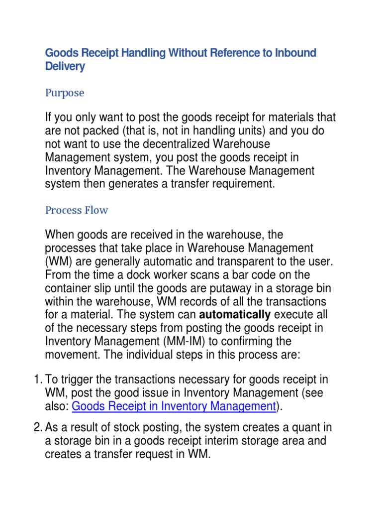 Goods Receipt Handling Without Reference To Inbound Delivery | PDF ...