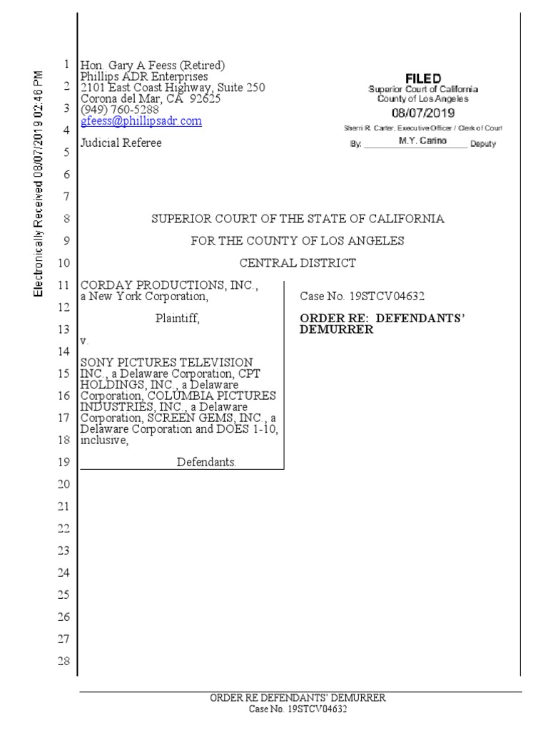 Days of Our Lives Demurrer Order | Demurrer | Contractual Term | Free ...