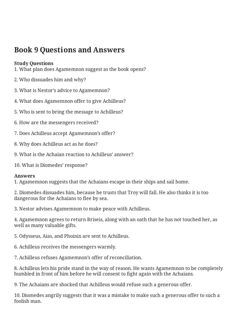 Iliad Book 9 Questions and Answers | PDF