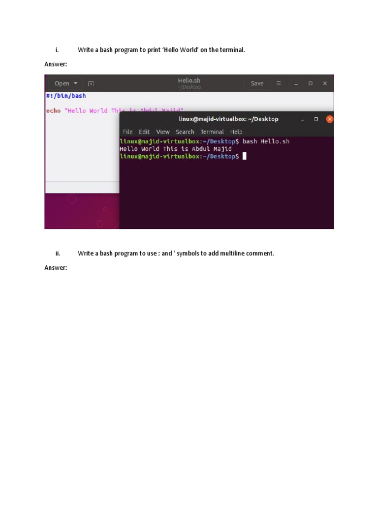 I. Write A Bash Program To Print Hello World' On The Terminal. Answer | PDF | Parameter ...