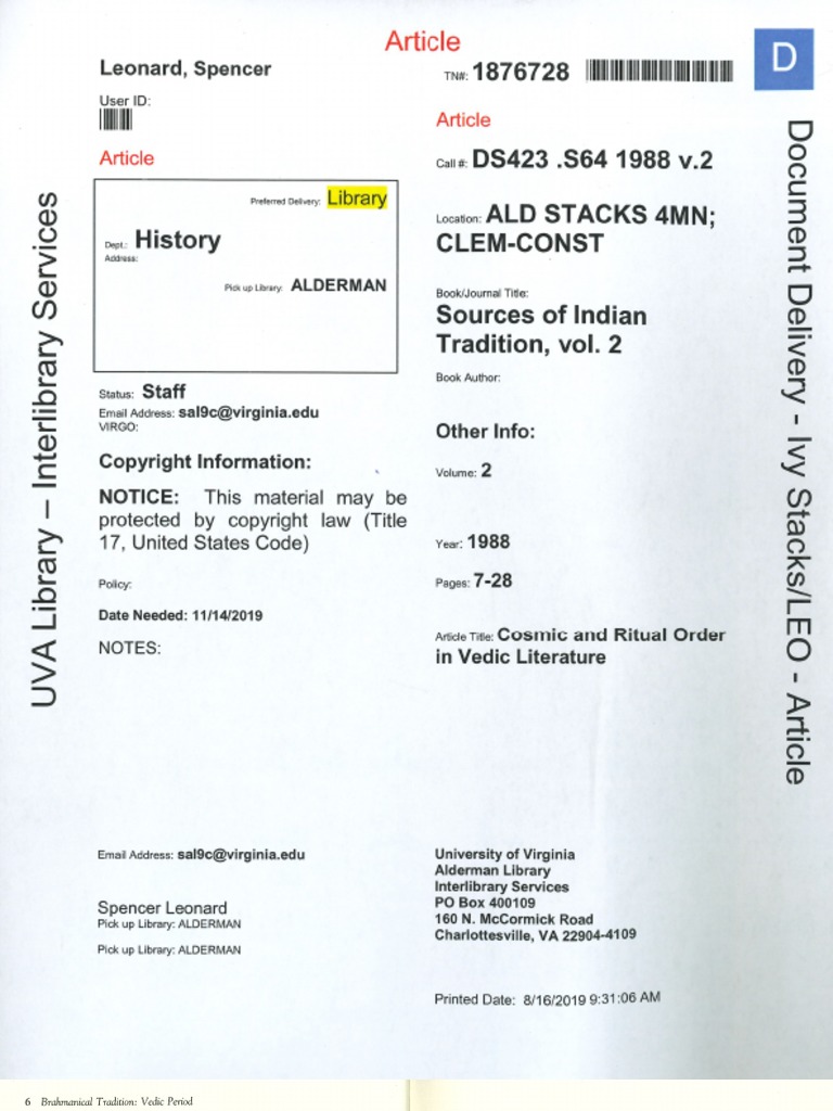 Vedic Cosmic and Ritual Order Sources of Indian Tradition Vol 1 | PDF ...