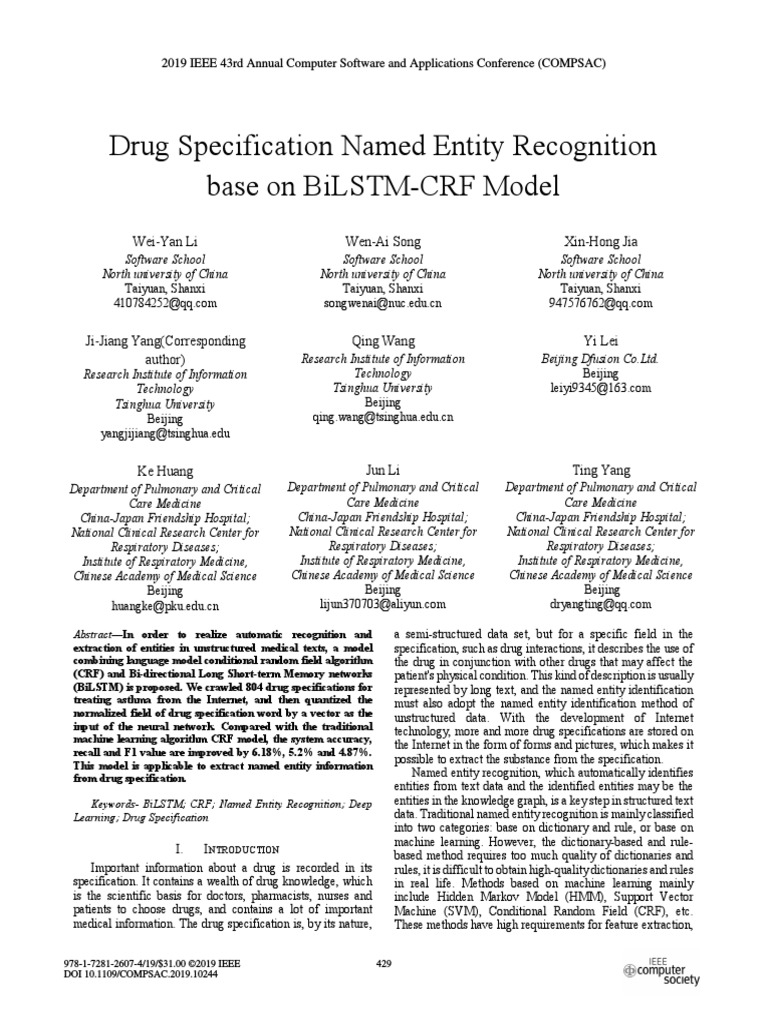 Drug Specification Named Entity Recognition Base On BiLSTM-CRF Model ...