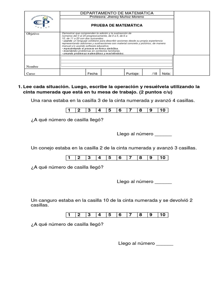 Prueba Suma y Restas | PDF | Enseñanza de matemática | Cognición