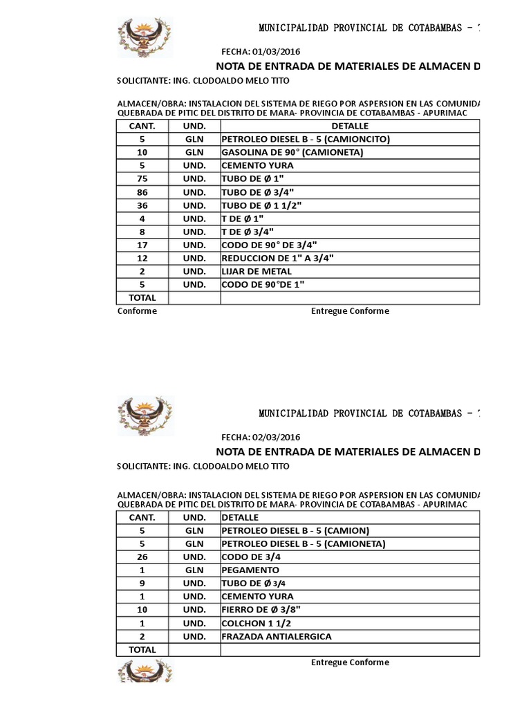 Nota de Salida y Entrada Almacen | PDF