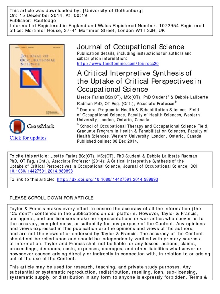 Journal of Occupational Science: Click For Updates | PDF | Occupational ...