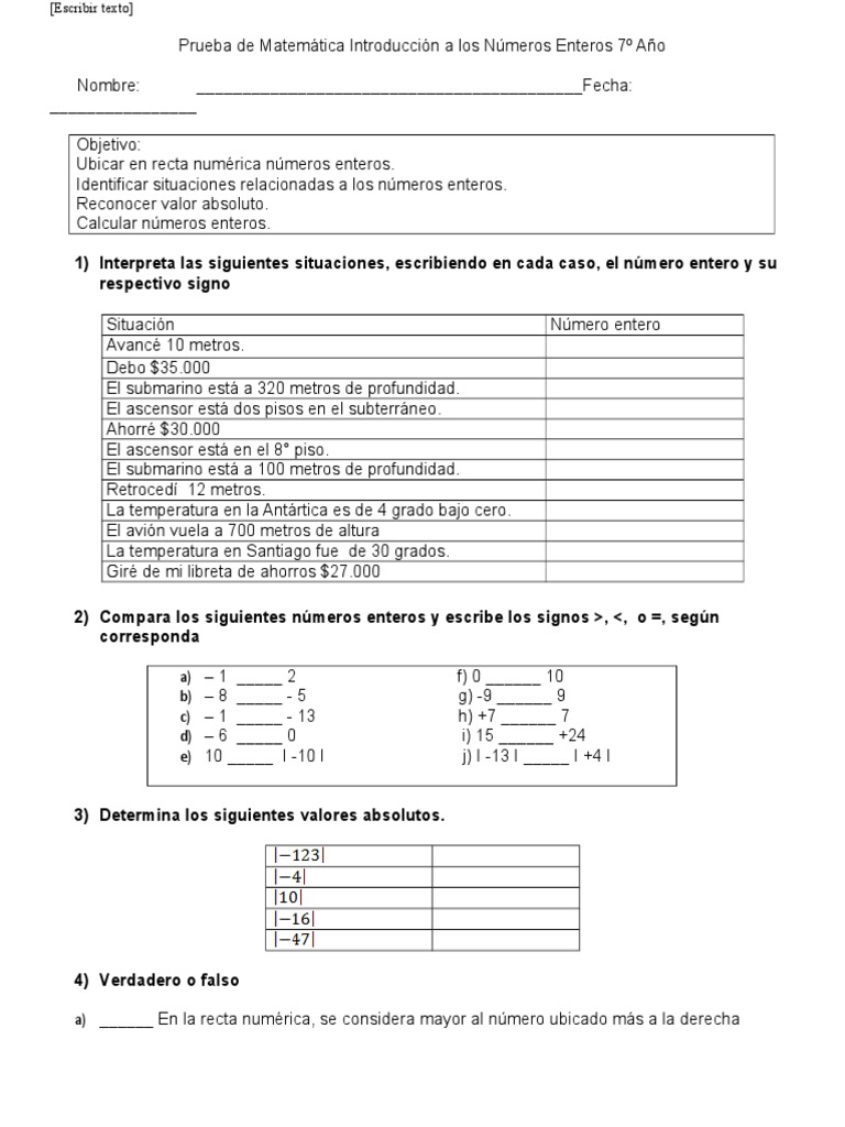 Prueba Introducción A Los Números Enteros 7º Julia | PDF
