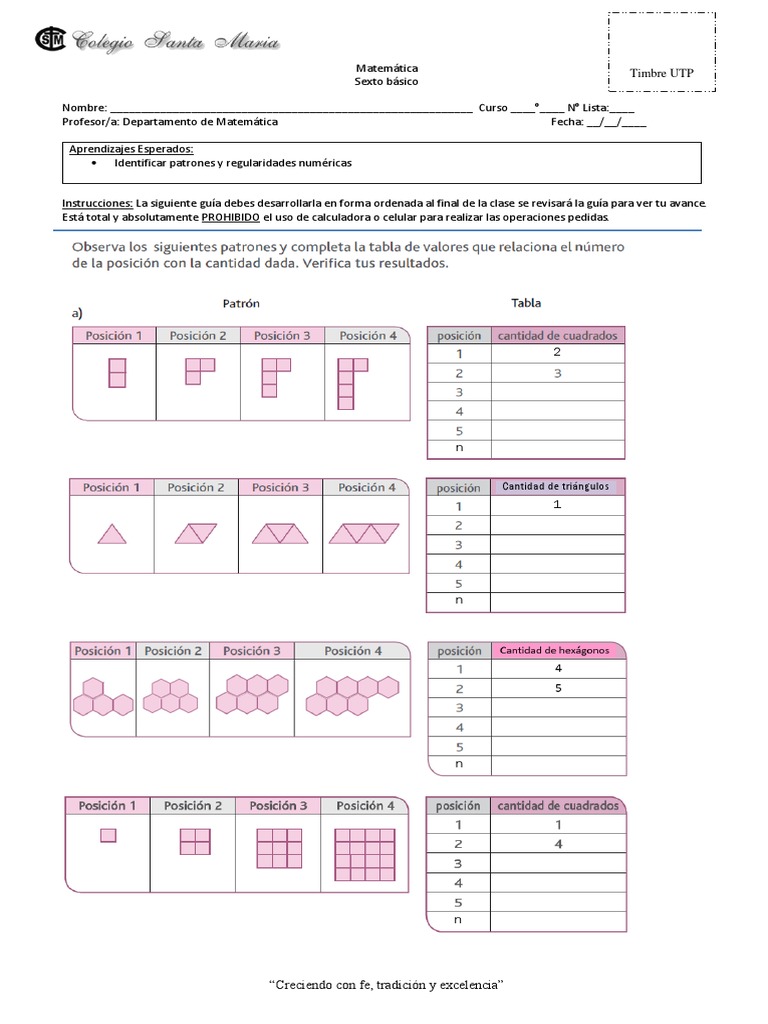 Guia Patrones y Regularidades Numéricas (Sexto Basico 2019) | PDF