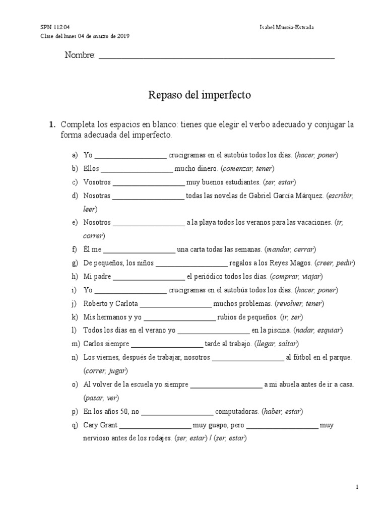 Repaso. Pretérito Imperfecto | PDF