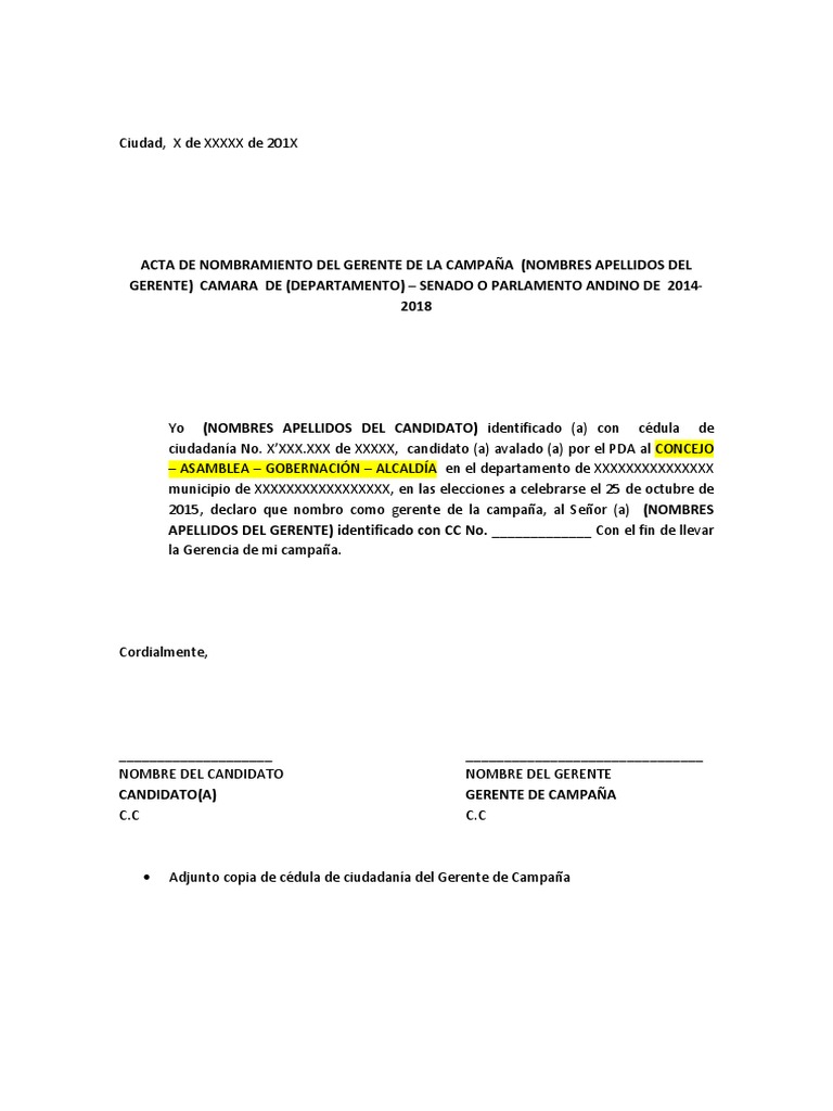 Modelo Carta De Designacion De Gerente De Campana