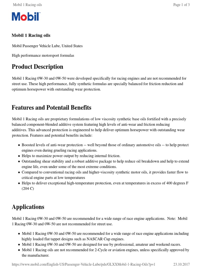 GLXXMobil 1 Racing Oils 5w30 | PDF | Exxon Mobil | Motor Oil