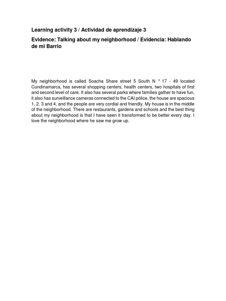 Actividad 3 Hablanmdo de Mi Barrio | PDF | Lifestyle