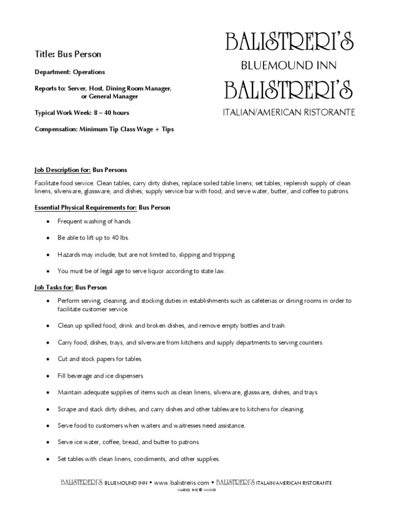 Bus Person Job Description | PDF | Tableware | Waiting Staff