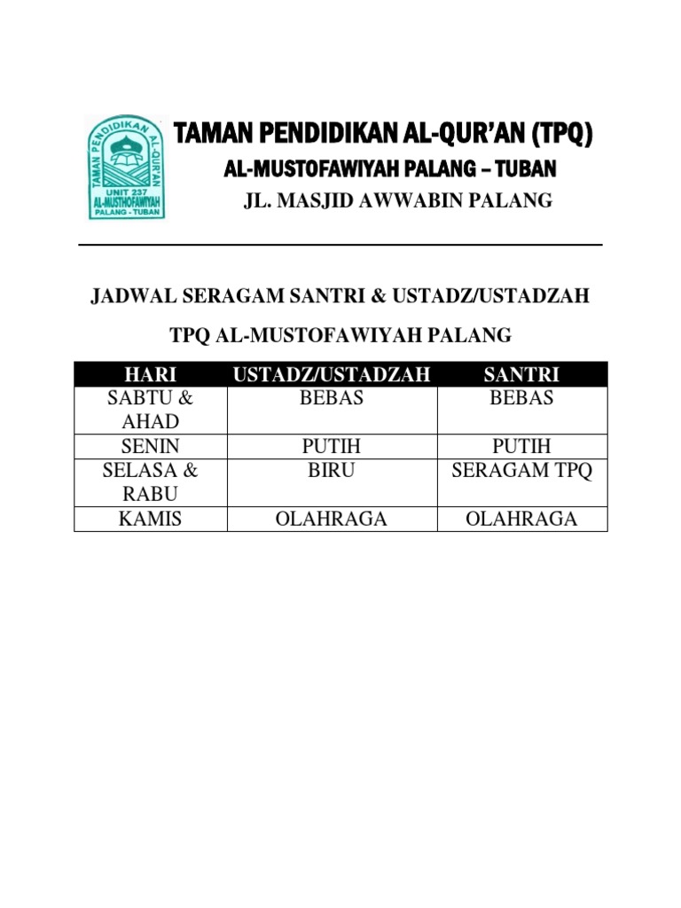 Jadwal Seragam TPQ | PDF