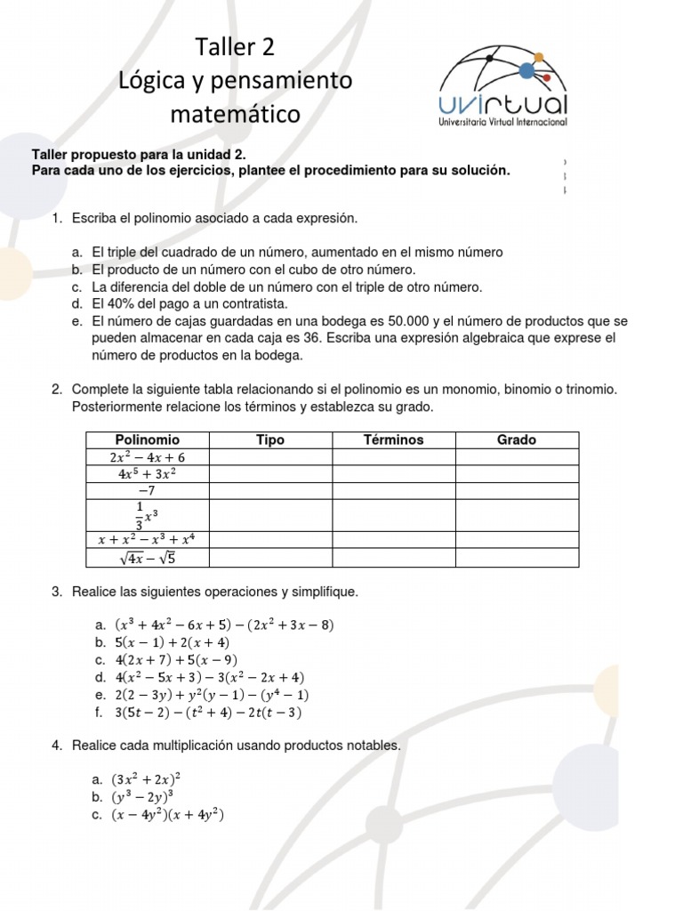 Taller 2 Lógica Pensamiento Mat | PDF | Álgebra abstracta | Álgebra