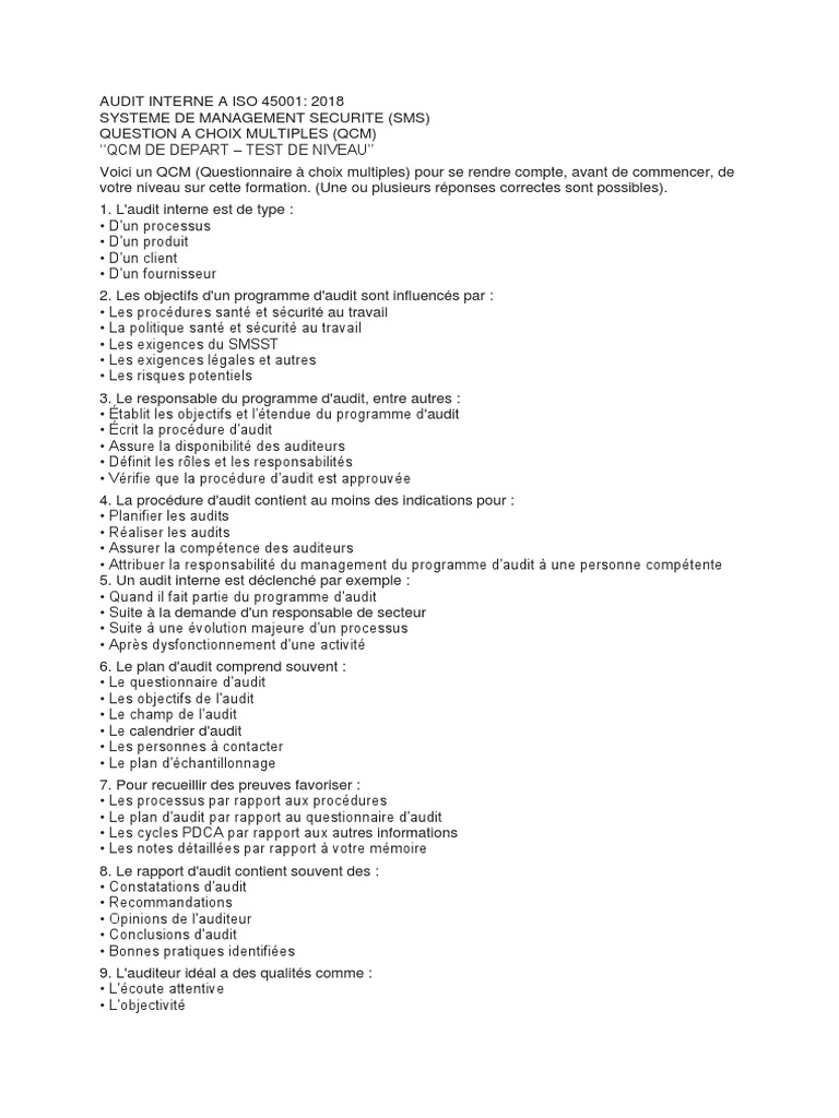 QCM Audit Interne ISO 45001:2018 | PDF