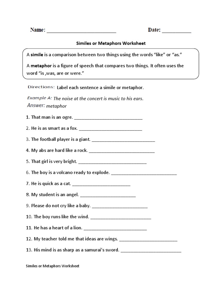 Similes And Metaphors Worksheet