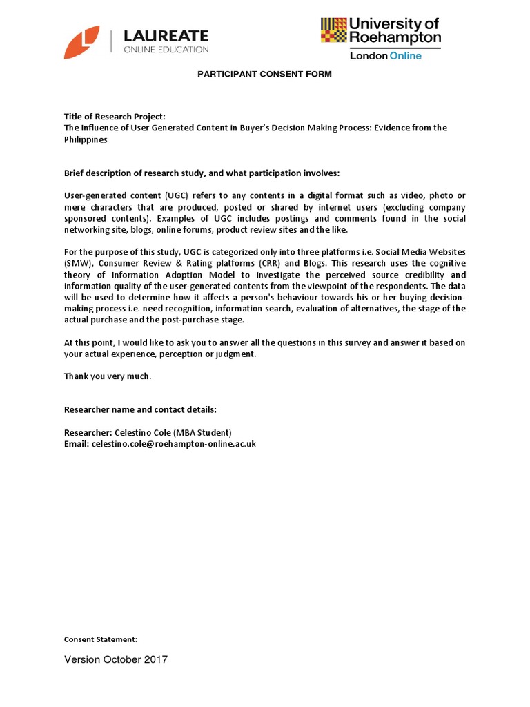 Title of Research Project:: Participant Consent Form | PDF | Cognitive ...