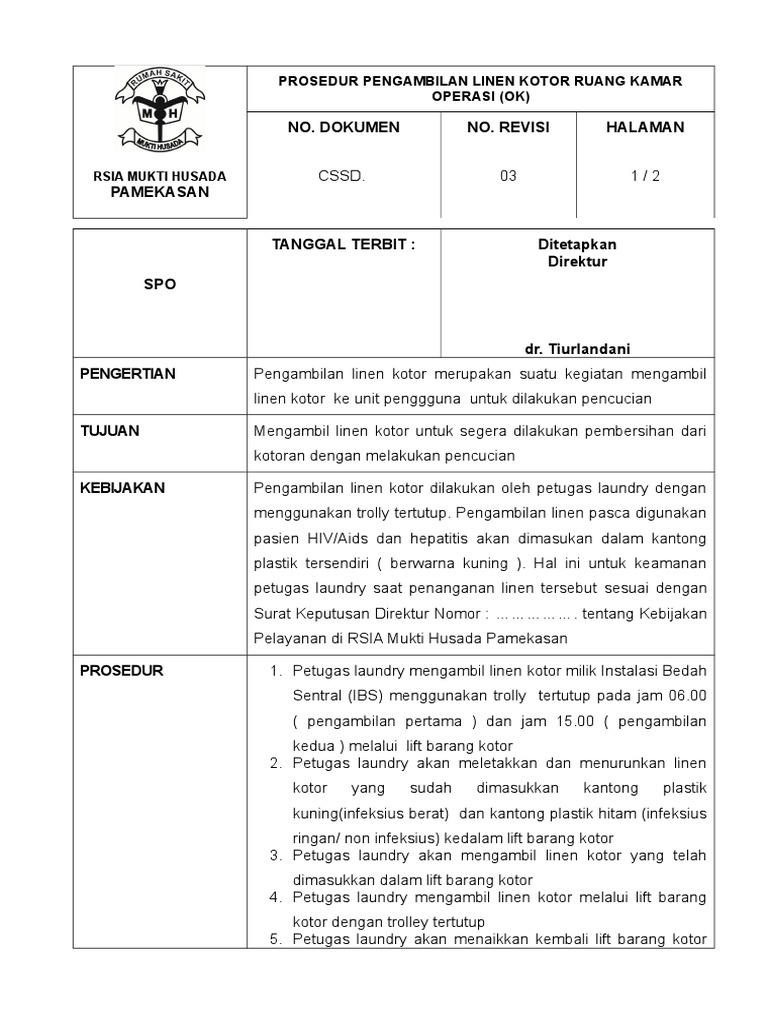 Prosedur Pengambilan Linen Kotor Ruang Kamar Operasi (Ok) | PDF
