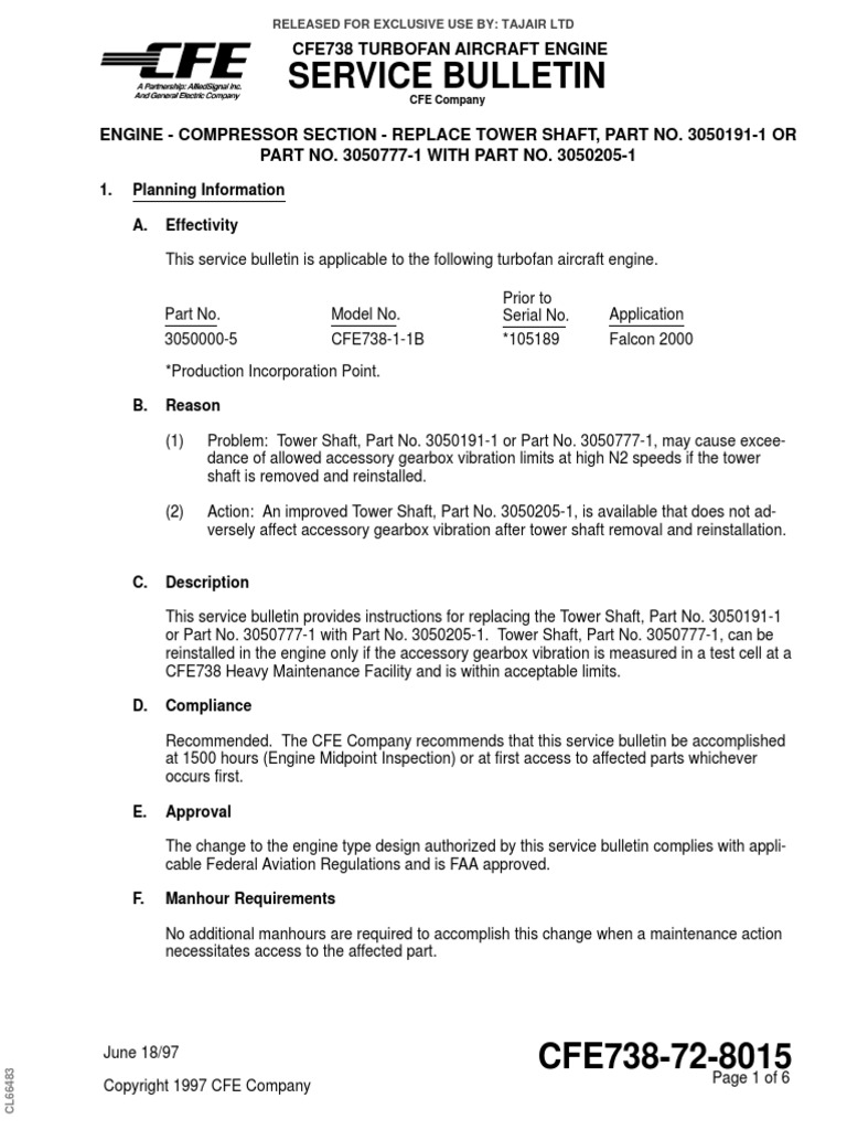 Service Bulletin: Cfe738 Turbofan Aircraft Engine | PDF | Engines ...