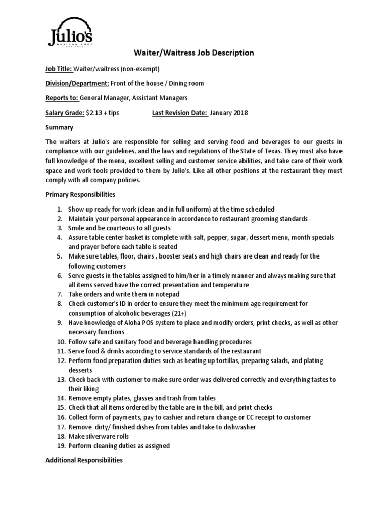 Server Job Description | PDF | Waiting Staff | Food And Drink