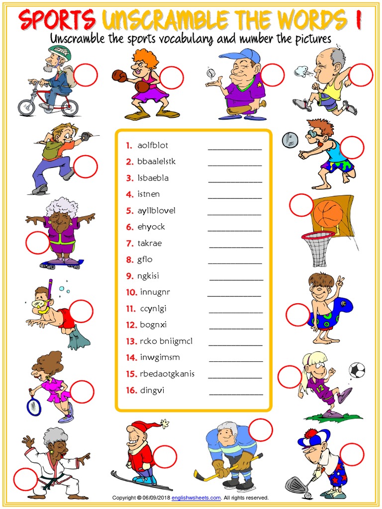 Sports Vocabulary Esl Unscramble The Words Worksheets For Kids | PDF ...