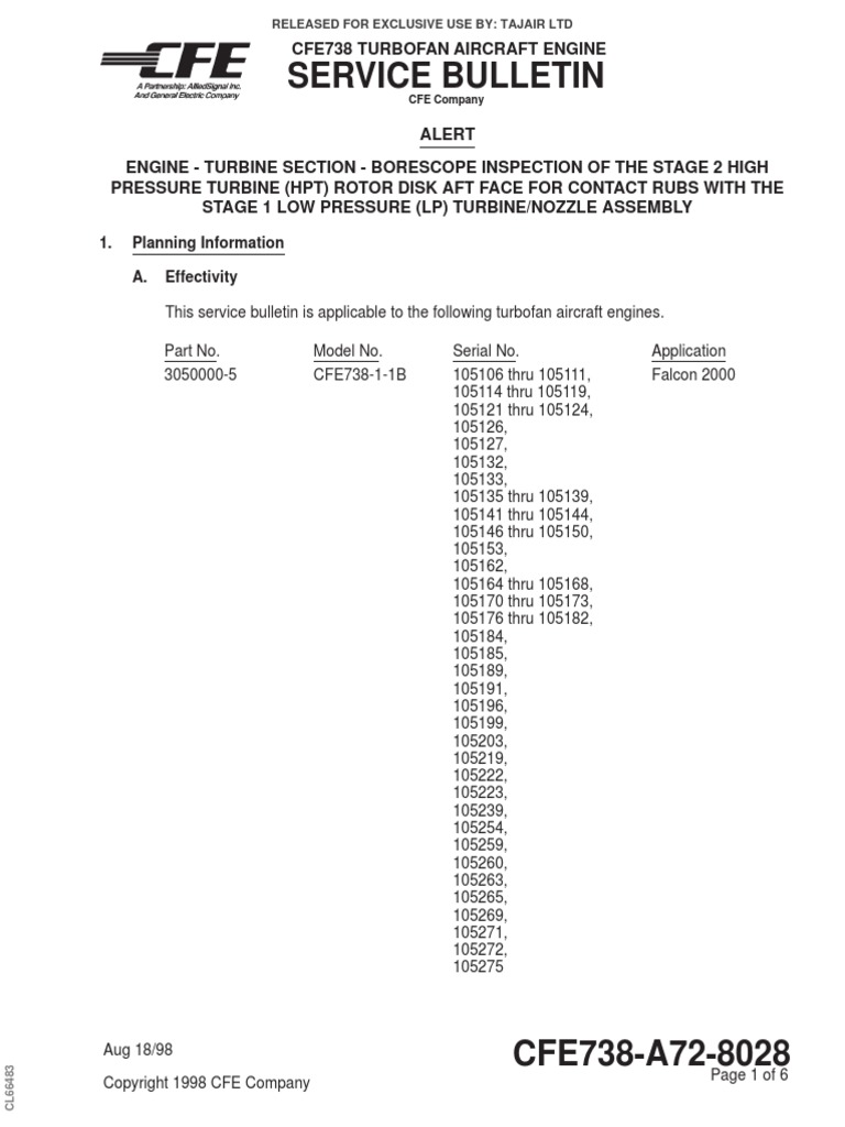 Service Bulletin: Cfe738 Turbofan Aircraft Engine | PDF | Turbine ...