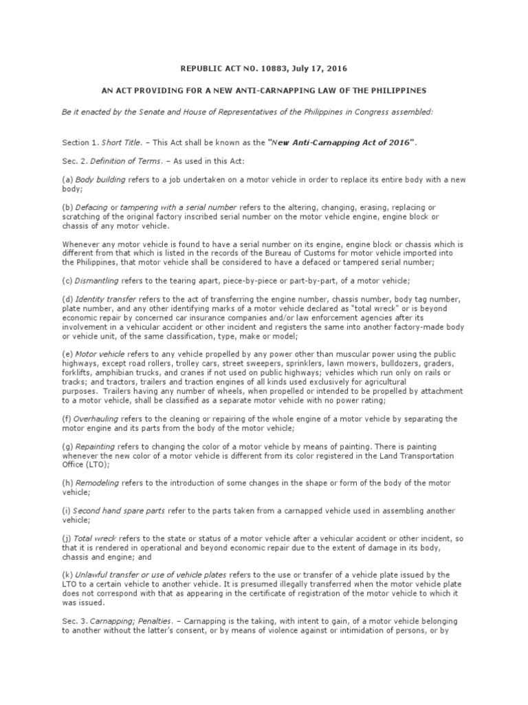 Republic Act No 6539 Anti Carnapping | PDF | Carjacking | Murder