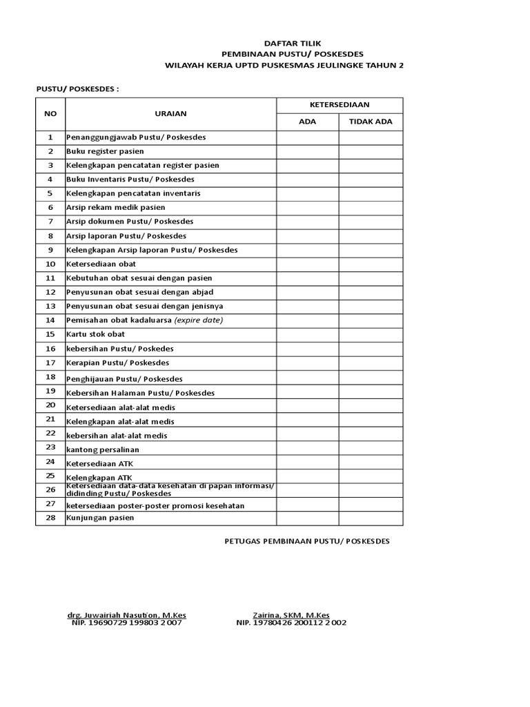 Daftar Tilik Pembinaan Pustu Poskesdes | PDF