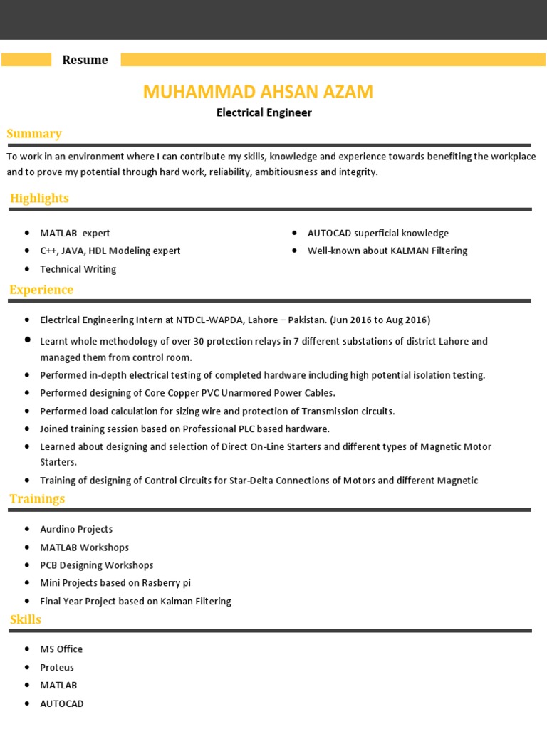 Muhammad Ahsan Azam: Resume | PDF | Electronic Circuits | Electrical Engineering