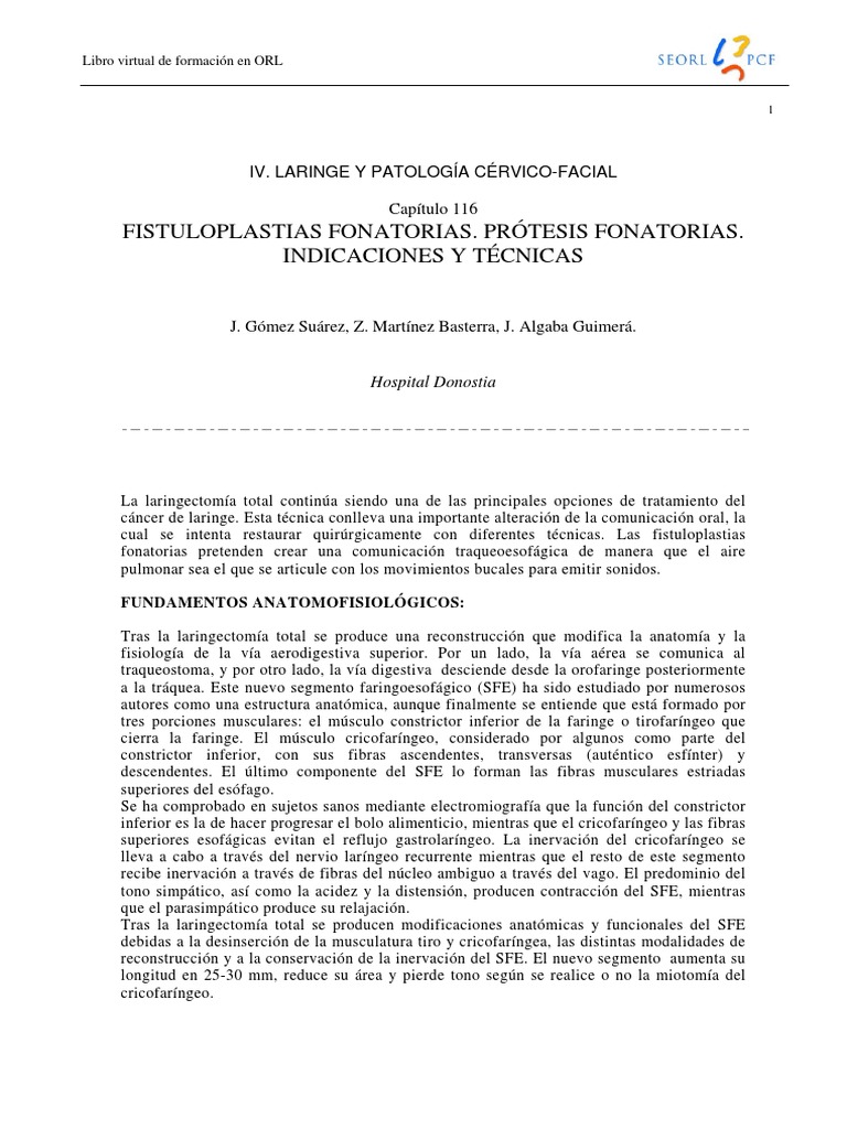 116 - Fistuloplastias Fonatorias. Prótesis Fonatorias. Indicaciones y ...