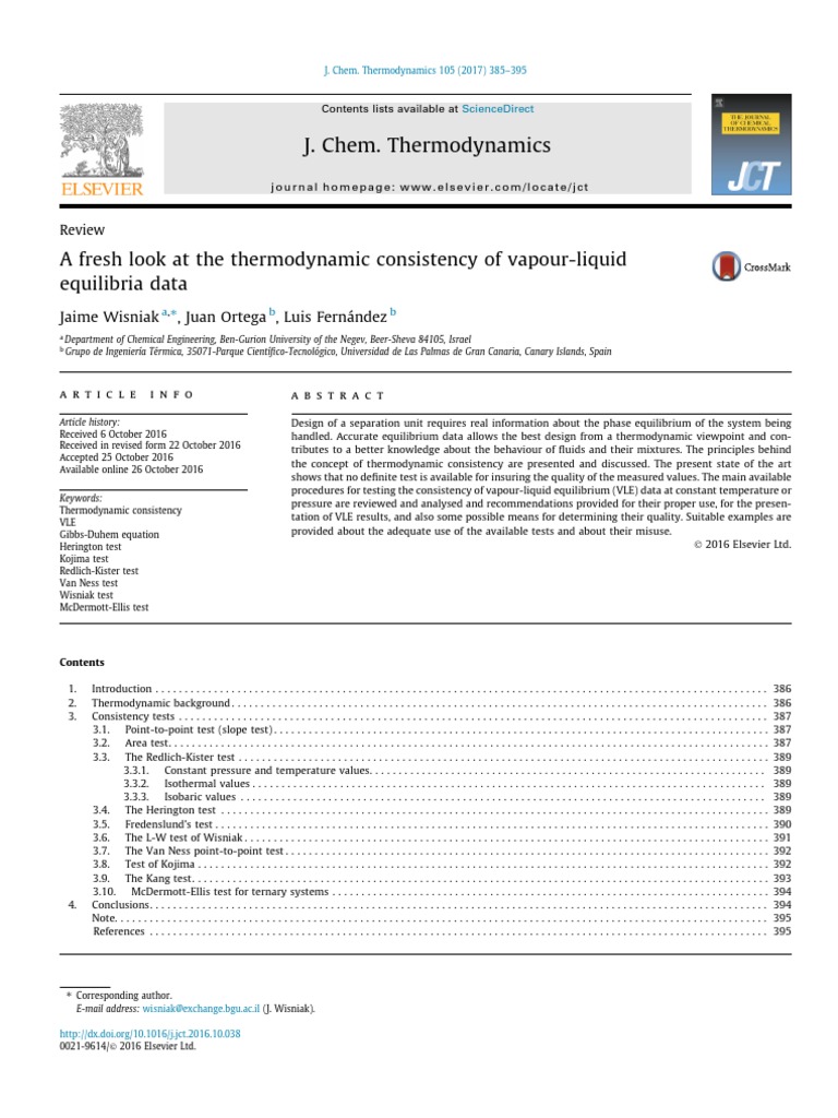 A Fresh Look at The Termodynamic Consistency of V-L Equilibra Data ...