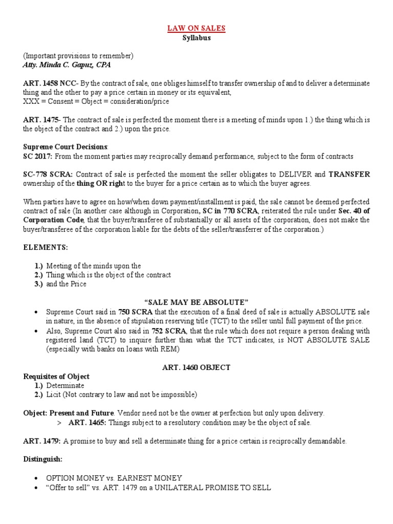 Law On Sales Syllabus | PDF | Ownership | Sales