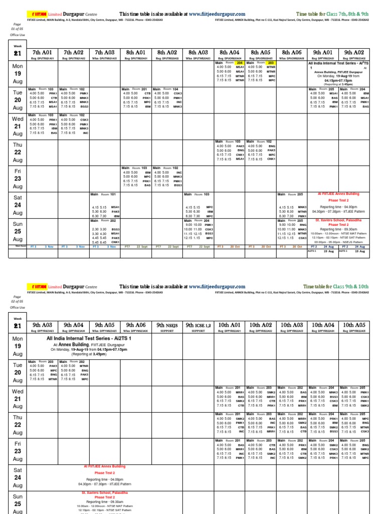FIITJEE Durgapur Centre Class Timetable for 7th, 8th and 9th Grades ...