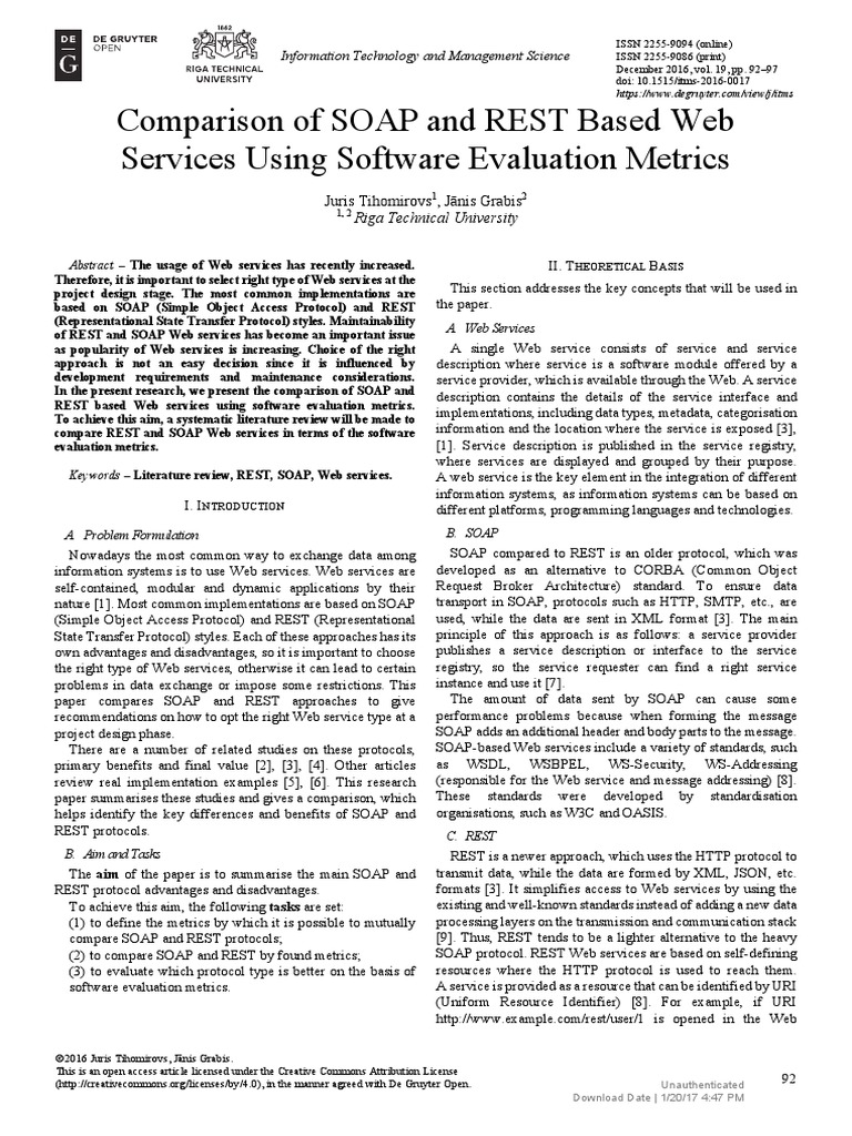 Comparison of SOAP and REST Based Web Services Using Software Evaluation Metrics | PDF ...