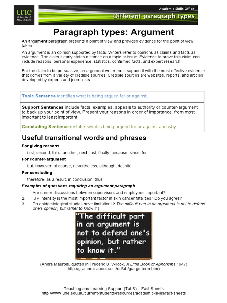 Paragraph Types: Argument: Useful Transitional Words and Phrases | PDF | Argument | Ultraviolet