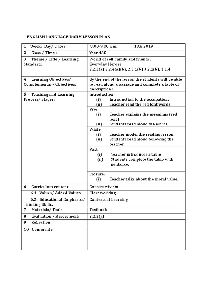 Daily English lesson plan template | PDF | Lesson Plan | Constructivism ...