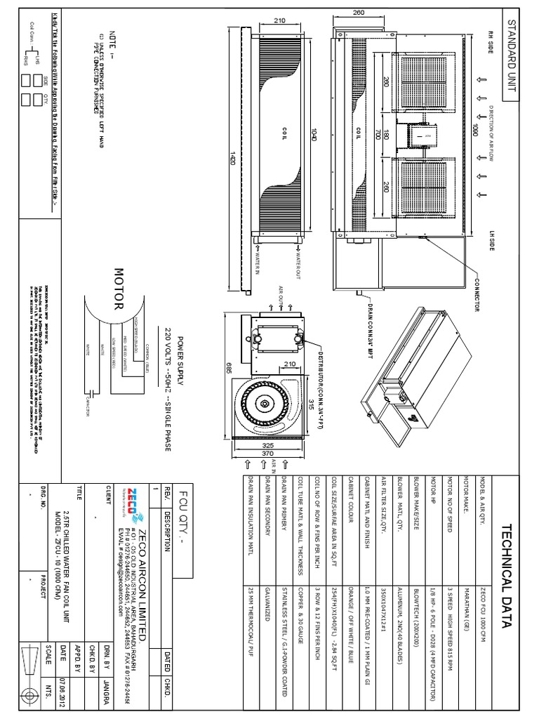 ZECO FCU 1000 CFM fan coil unit | PDF | Components | Electricity