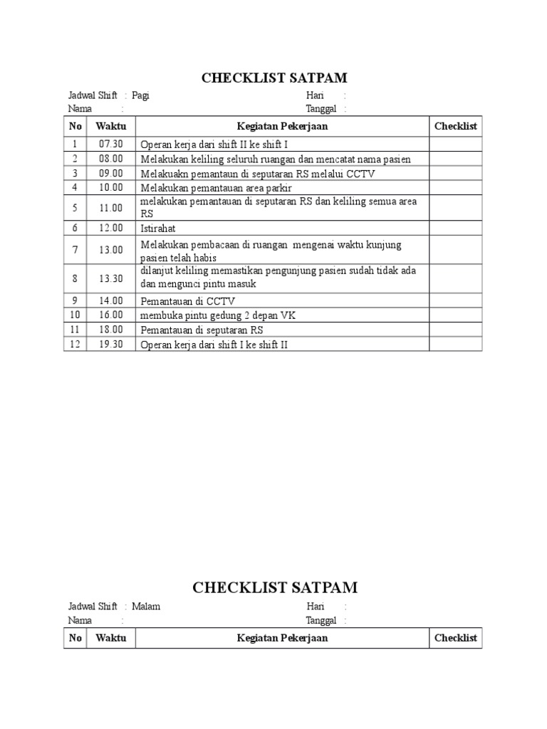 Checklist Satpam | PDF