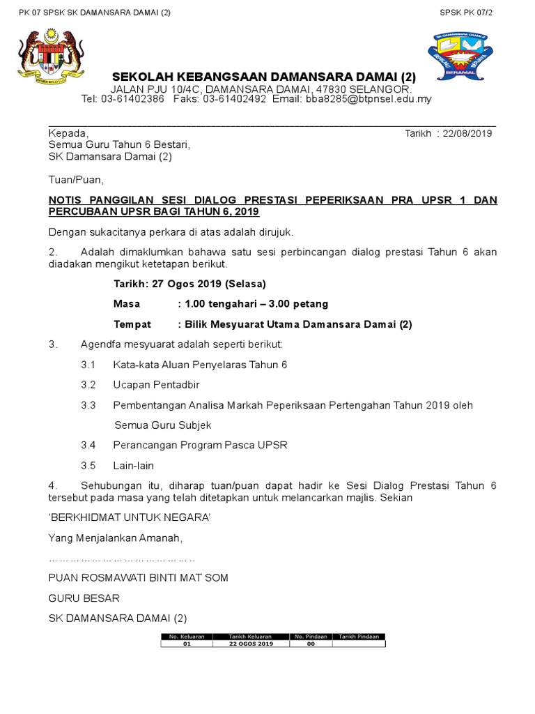 Notis Panggilan Dialog Prestasi 3 | PDF
