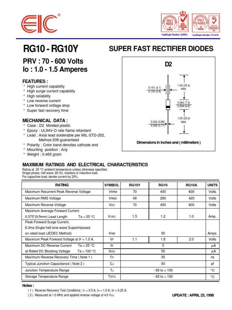 RG10 - RG10Y: Super Fast Rectifier Diodes PRV: 70 - 600 Volts Io: 1.0 - 1.5 Amperes | PDF ...
