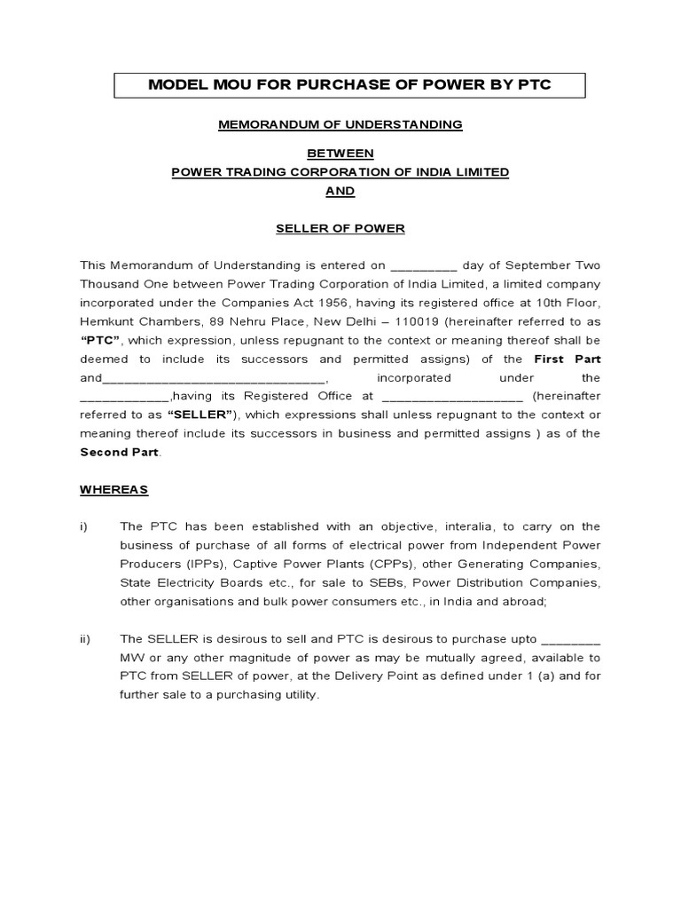 PTC MOU Terms and Conditions | PDF | Electric Power | Payments