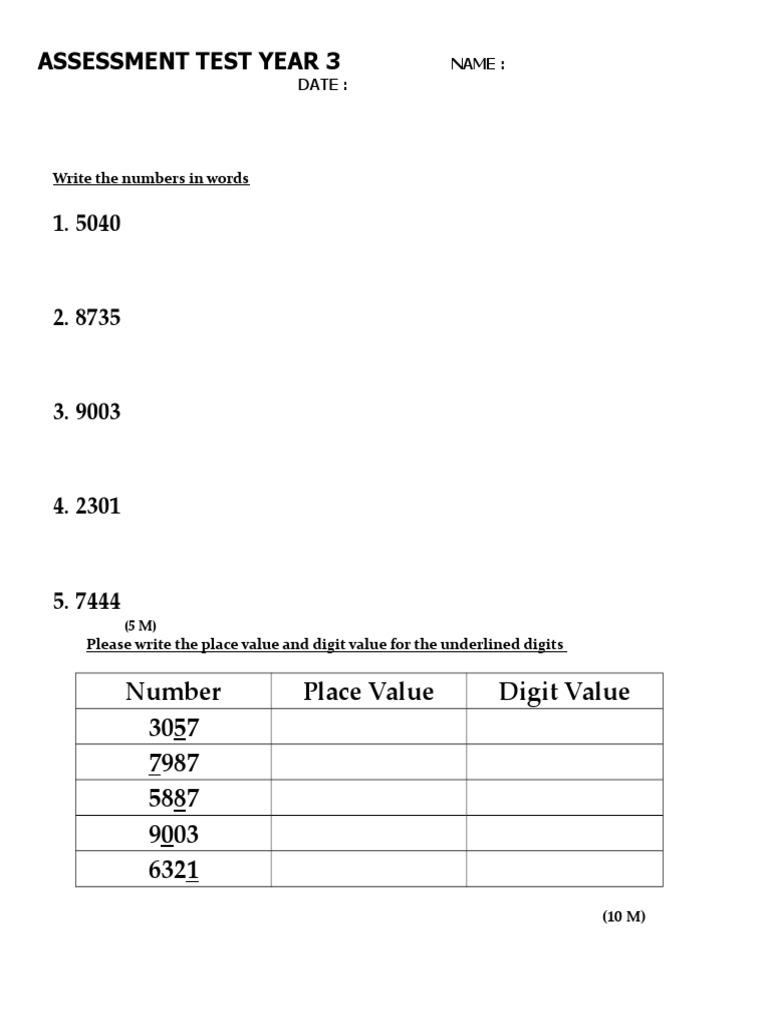 Assessment Test Year 3name | PDF | Teaching Mathematics