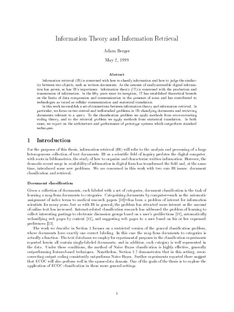 Information Theory and Information Retrieval: Adam Berger May 2, 1999 ...