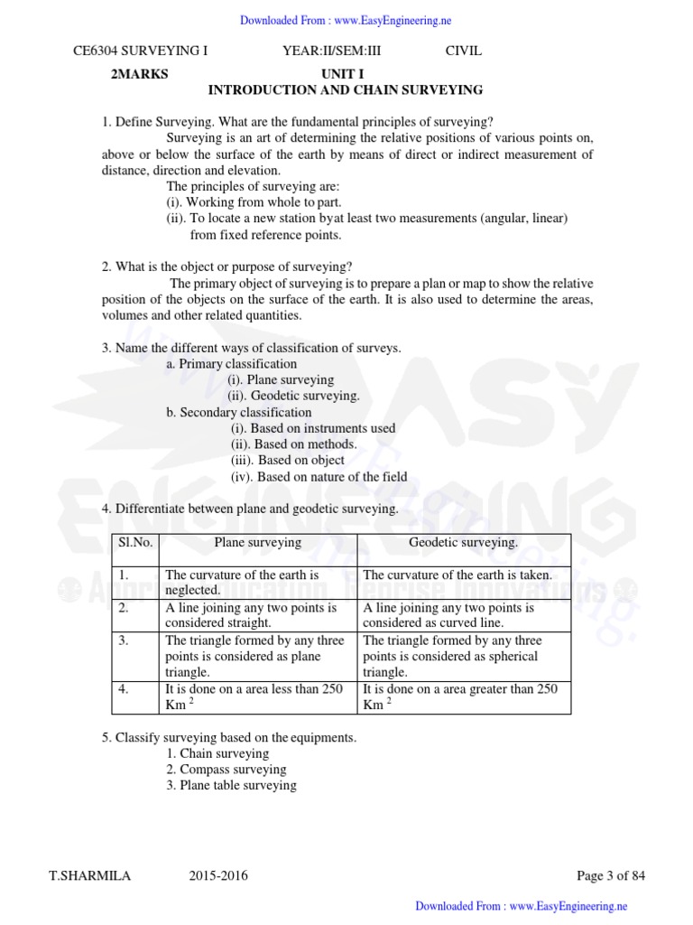 2marks Unit I Introduction and Chain Surveying | PDF | Surveying | Compass