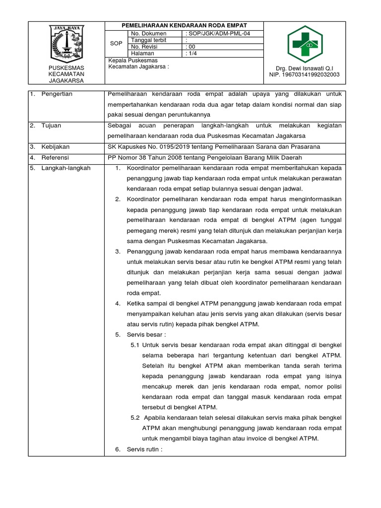 Sop Pemeliharaan Roda 4 PML 4 Bagan Alir (Sop - Jgk.adm - pml.03.r00) | PDF