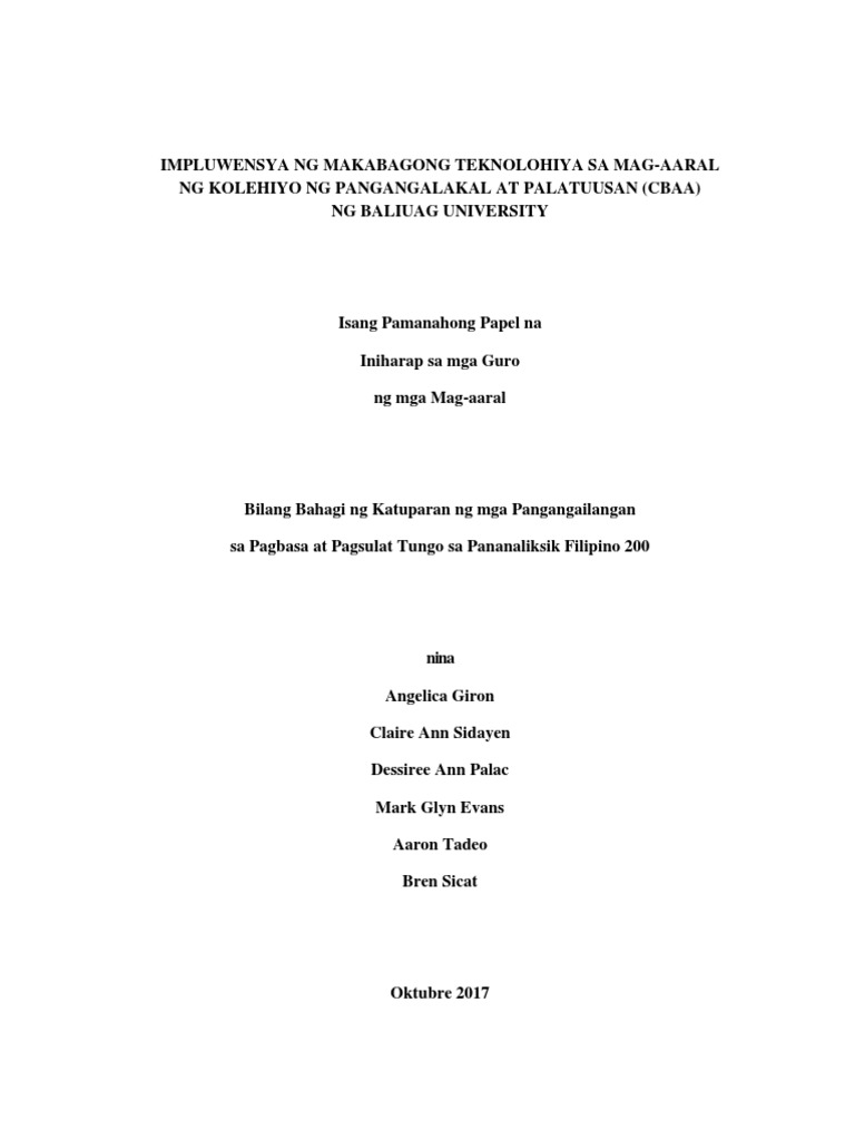 Impluwensya NG Makabagong Teknolohiya Sa Mag-Aaral NG Kolehiyo NG Pangangalakal at Palatuusan ...