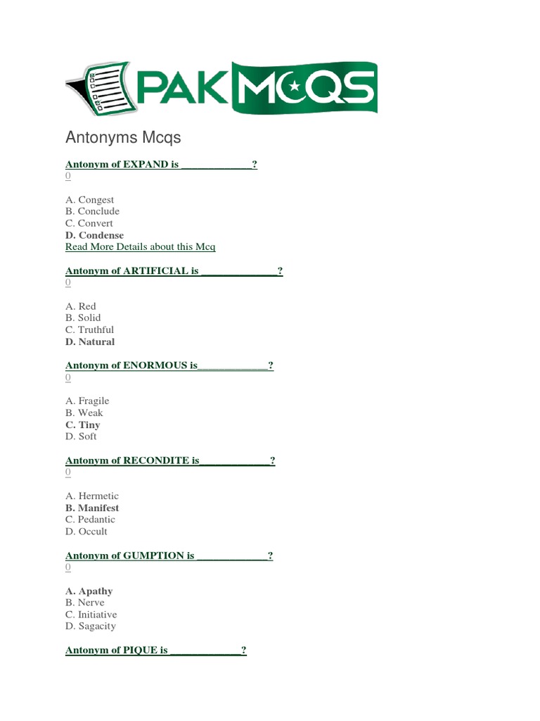 Antonyms Pak Mcqs | PDF